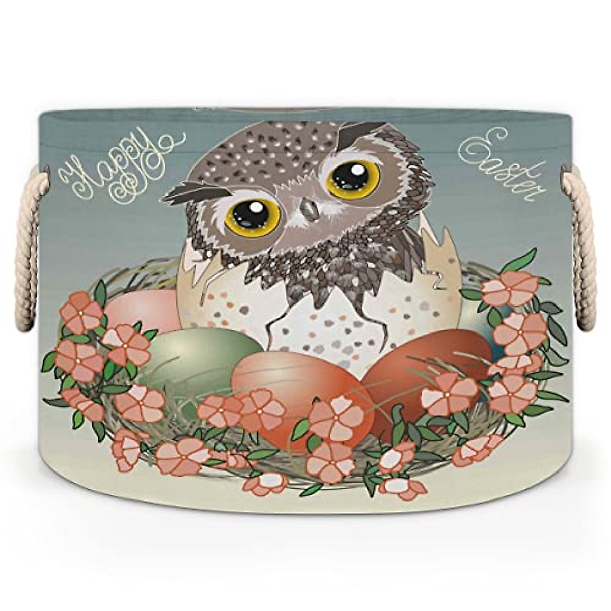 Easter Egg Cute Owl Large Round Baskets for Storage Laundry Baskets with Handles Blanket Storage Basket for Bathroom Shelves Bins for Organizing Nursery Hamper Girl Boy