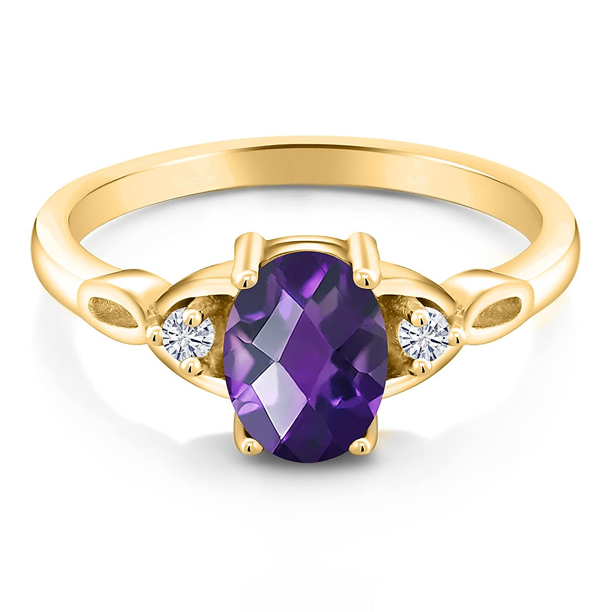 18K Yellow Gold Plated Silver Purple Amethyst and White Moissanite 3-Stone Rings For Women (1.28 Cttw, Gemstone February Birthstone, Oval Checkerboard 8X6MM, Available In Size 5, 6, 7, 8, 9)