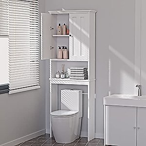 Hcman 67.32" H Over The Toilet Storage Cabinet, Double Door Bathroom Cabinet Organizer Shelf Over Toilet, Toilet Rack with Inner Adjustable Shelf and Open Shelf, White