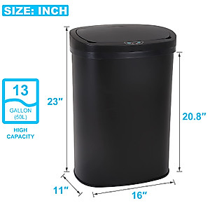 13 Gallon Touch Free Automatic Stainless Steel Trash Can Garbage Can Metal Trash Bin with Lid for Kitchen Living Room Office Bathroom, Electronic Motion Sensor Automatic Trash Can - Black