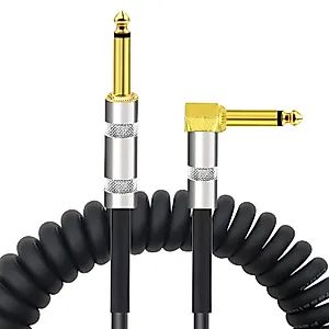 YESPURE 10 ft Guitar Cable, Black PU Spring Electric Instrument Cable,Gold Plated Straight 1/4" TS to Right Angle 1/4" TS Electric Guitar Bass Pro Audio Cable - 10 Ft