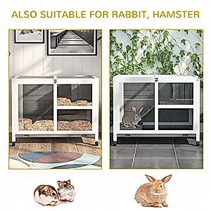 PawHut Indoor Rabbit Hutch with Wheels, Desk and Side Table Sized, Wood Rabbit Cage, Waterproof Small Rabbit Cage, Gray