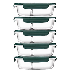 ATRDTO 5Pack35oz Glass Food Storage Containers with Lids-Meal Prep Containers 2 Compartments-Airtight Lunch Containers Bento Boxes with Snap Locking Lids for Microwave Freezer Oven