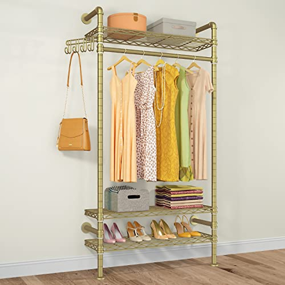 Timate F1 Pipe Clothes Rack Wall Mount Heavy Duty Closet Organizer System Hanging Closet Rack for Clothes, Closet Kit Walk in Closet Systems, Adjustable Storage Closet Shelves Wardrobe Closet, Gold