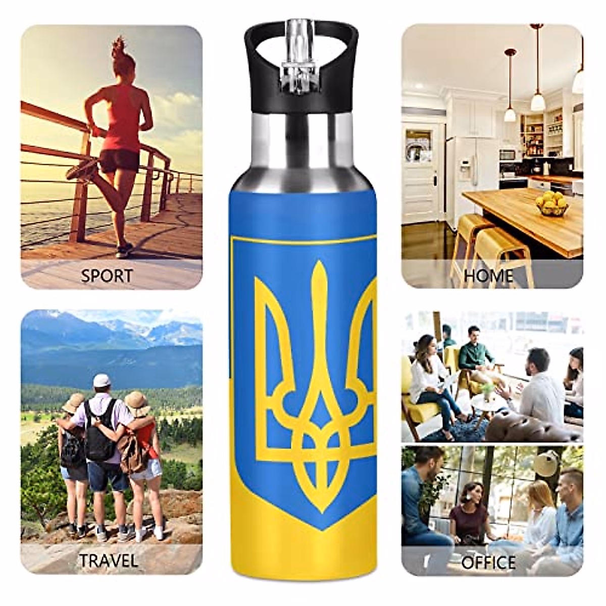 Stainless Steel Water Bottle with New Wide Handle Straw Lid Ukraine Flag National Emblem Portable Sport Bottle 20 Oz