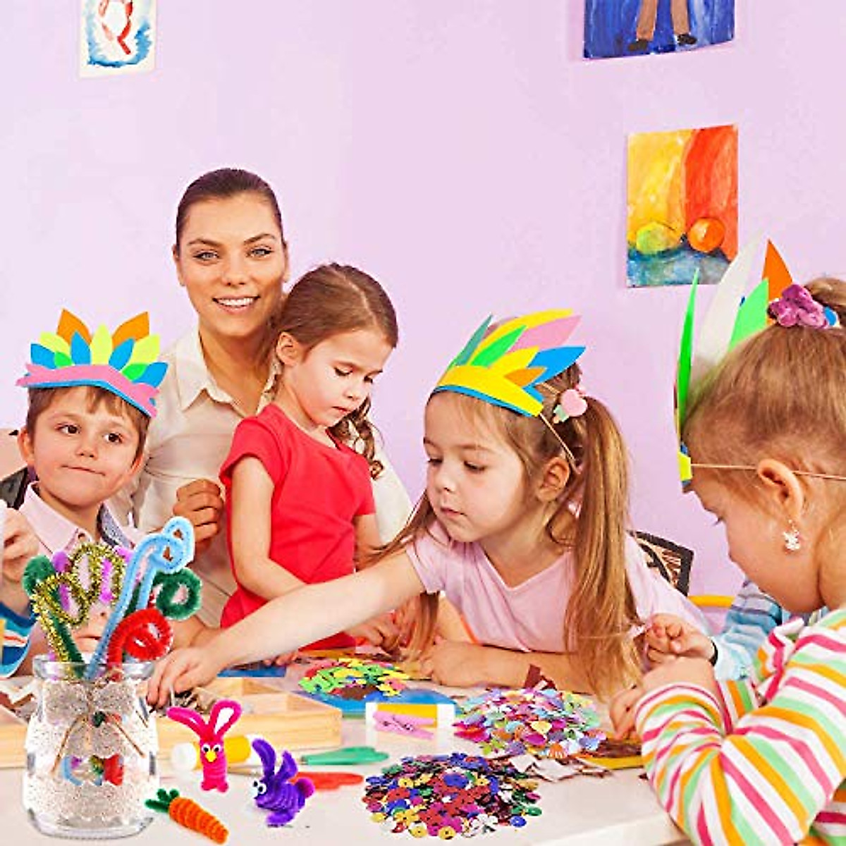 MOISO Kids Crafts and Art Supplies Jar Kit - 560+ Piece Set - Make Bracelets and Necklaces - Plus Glitter Glue, Construction Paper, Colored Popsicle Sticks, Google Eyes, Pipe Cleaners…