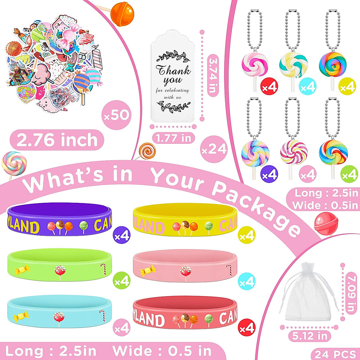Deekin 147 Pcs Candyland Party Favors Set Include 24 Lollipops Keychains 24 Candyland Silicone Wristbands 50 Candy Stickers 24 Thank You Tags and White Organza Bags Candyland Party Favors