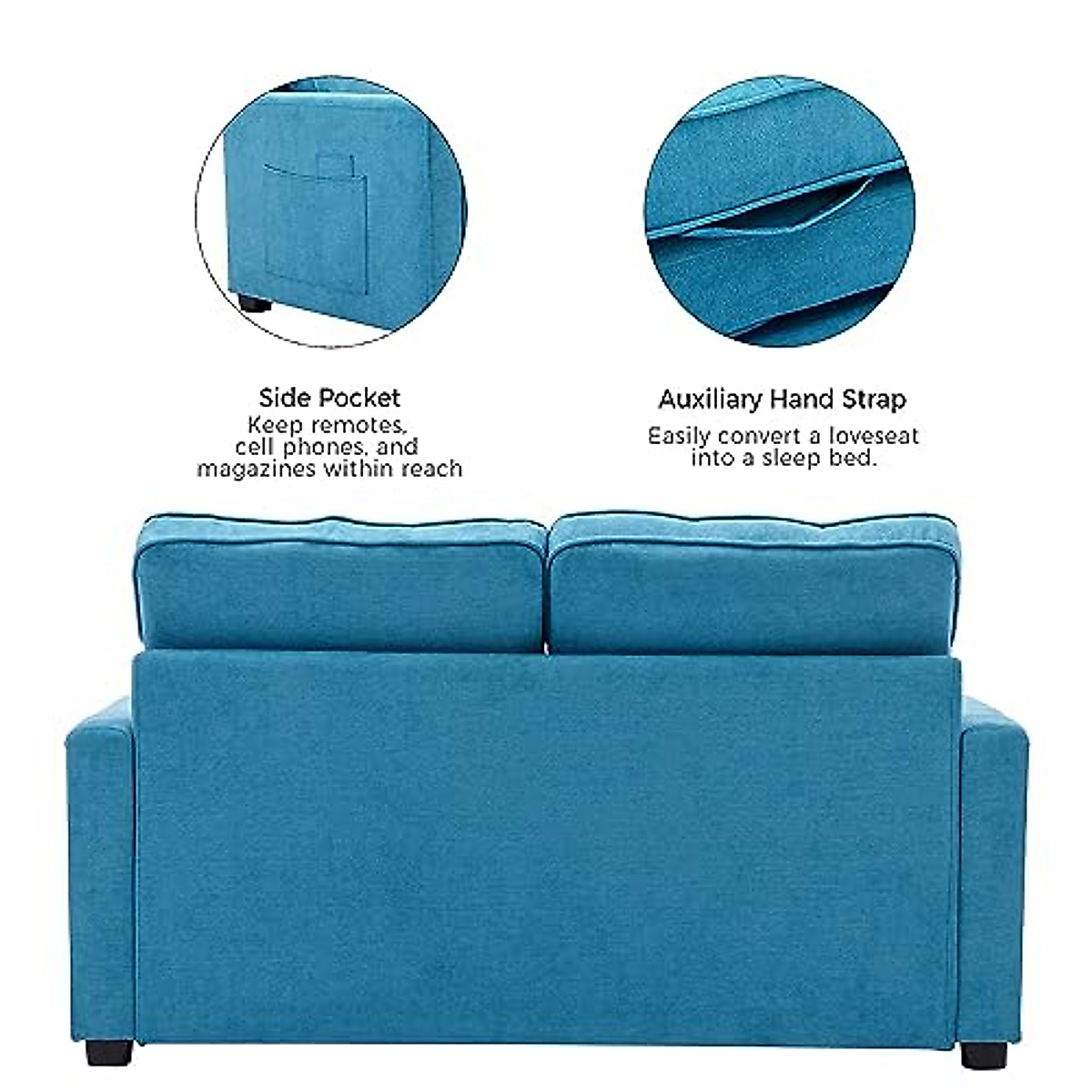 RIDFY Modern Convertible Sleeper Sofa Bed with Pull-Out Bed and Two Side Pockets, Chenille Loveseat Sleeper Sofa Couch for Living Room, Apartment, Office (Blue)