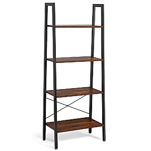 Giantex Ladder Shelf 4-Tier Industrial Bookshelf Storage Rack Shelves for Home and Office Use, Wood Display Rack with Metal Frame (Rustic Brown)