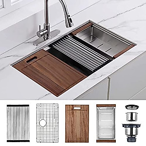 Hausinluck 32 inch Workstation Undermount Kitchen Sink, Stainless Steel Undermount Kitchen Sink 18 Gauge, Handmade Modern Single Bowl Deep Kitchen Sink with Ledge and Accessories (Pack of 5)