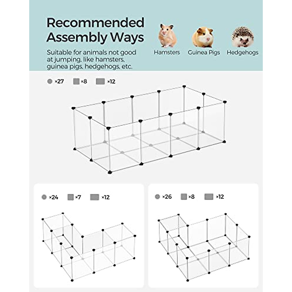 SONGMICS Pet Playpen with Floor, Small Animal Pen, Pet Fence Indoor, DIY Plastic Enclosure for Hamsters, Rabbits, Hedgehogs, Ferrets, 56.3 x 28.7 x 18.1 Inches, White ULPC02W