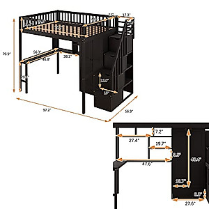 Merax Full Size Loft Beds Stairway Loft Bed Frame with Wardrobe, Desk, Bookcase and Drawers, Espresso