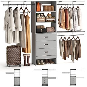 iSunirm 8FT Closet System, 96'' Closet Organizer System with 3 Hanging Rods, Wall Mount Bedroom Wardrobe with 3 Drawers Walk-in Closet, Adjustable Cloth Garment Rack from 5 to 8FT (Cut to Fit), Grey