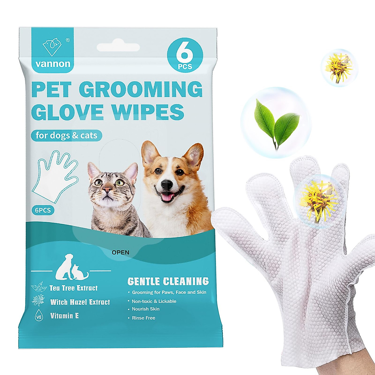 Vannon Extra Thick Pet Bathing Wipes for Dogs & Cats, Cleaning & Deodorizing Grooming Gloves, Nourish Fur Glove Wipes for Daily Care and Traveling, Rinse Free, Unscented, 6 PCS