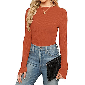 HAEOF Womens 2023 Fall Lightweight Sweaters Long Sleeve Thermal T Shirts Trendy Ribbed Fitted Dressy Casual Tops(RustRed, M)