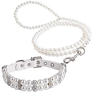 Cdycam 120cm 4ft Custom Pearls Beaded Pet Dog Cat Training Walking Leash with Elegant White Peal Dog Collar