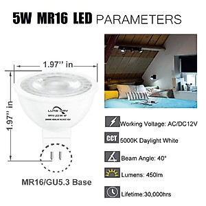 MR16 LED Bulb 5000K Daylight 12V GU5.3 Bipin Base Non-Dimmable 50W Equivalent Halogen Bulbs 5W LED Replacement for Landscape Track Lighting 10-Pack