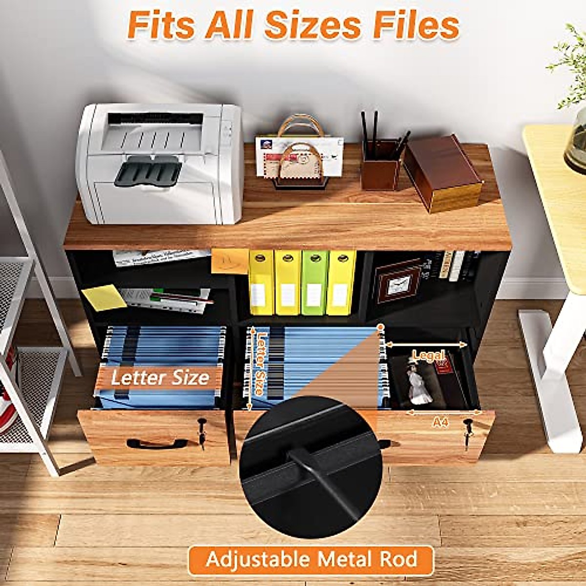 semoic 2-Drawer Wood File Cabinet, Mobile Lateral Filing Cabinet with Adjustable Shelf&Lockable Wheels, Fits Files //F4/A4, Printer Stand with Open Shelves Office