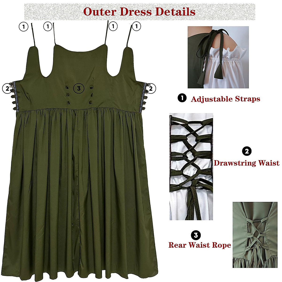 WYZJL Renaissance Dress Women Medieval Dress Ren Faire Costume Renaissance Overdress Outfit Irish Dress Halloween Costume, Burgundy S/M