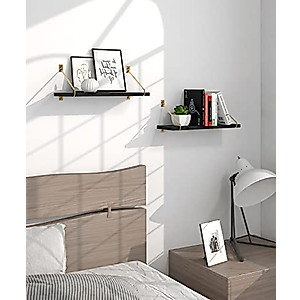 Godimerhea Black Floating Shelves for Wall, Set of 2 Wall Mounted Hanging Wood Shelf with Gold Brackets, Modern Luxury Decor Organizers Storage Shelves for Bathroom, Living Room, Bedroom