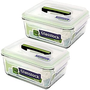 Glasslock Airtight Anti Spill Rectangular Handy Food Container set of 2 Tempered Glass 2500ml/10.5cup RP602 Microwave Safe