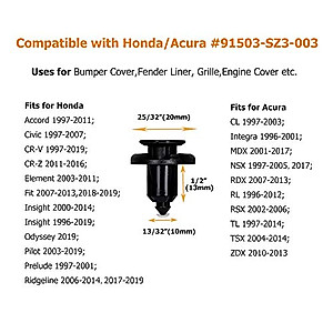 Dr.Roc Replacement for Honda Acura 91512-SX0-003 91503-SZ3-003 91506-S9A-003 91503-SZ5-003 Bumper Fender Liner Engine Cover Grill Trim Panel Retainer Clips Fasteners Rivets