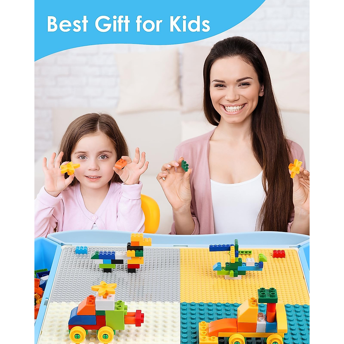 Kids Activity Table and Chair Set with 320Pcs Building Blocks, All in One Sand/Water/Sensory Desk with Storage, STEM Toys Toddler Learning Playset Table for Boys Girls Gifts 3 4 5-10 Years Old