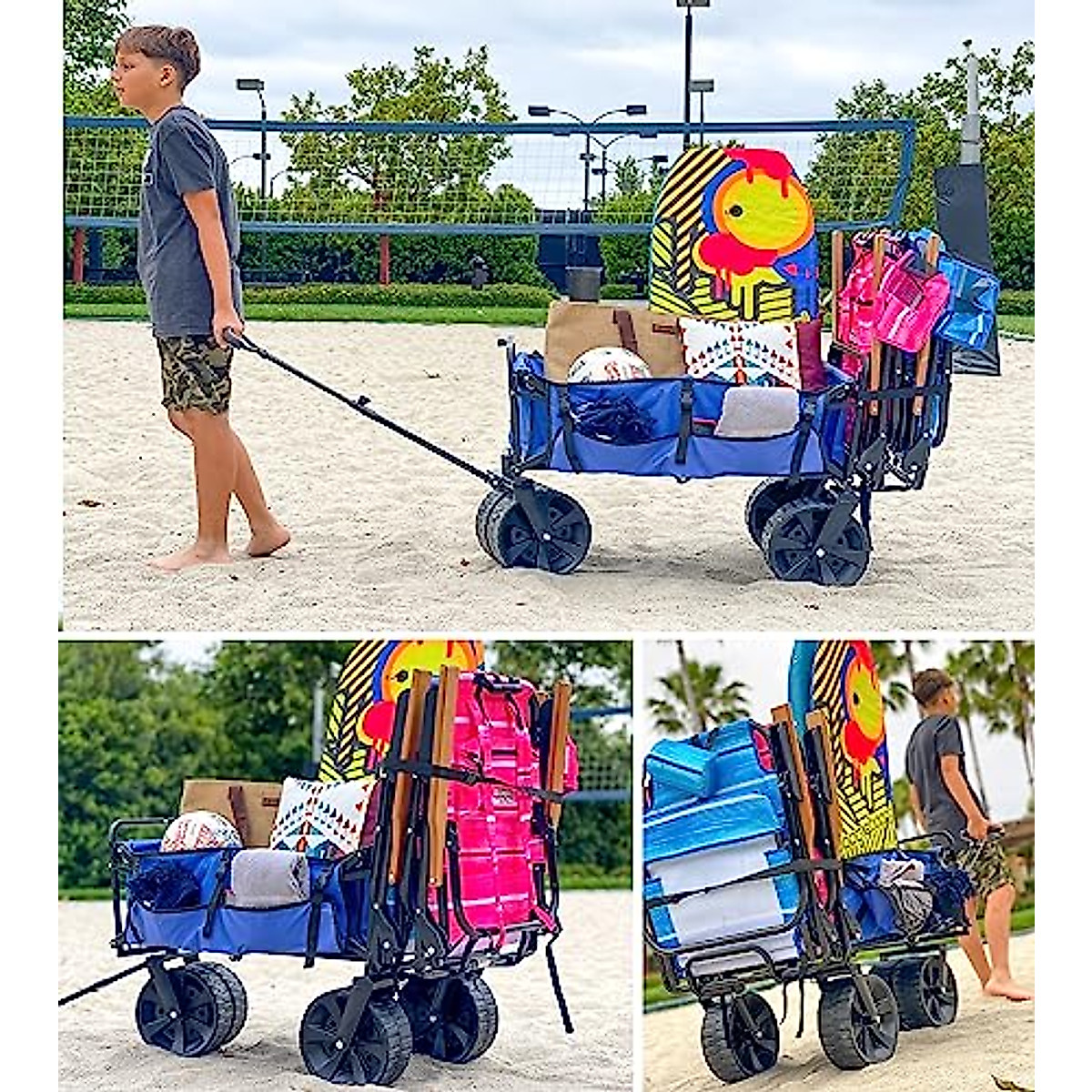 Beach Wagon Folding with Large Sand Wheels Heavy Duty Collapsible Cart with Patent Pending Beach Chair Holder Great for Ocean, Camping and Fishing – Solid Blue Color