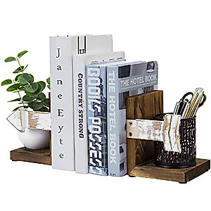 MyGift Rustic Burnt Solid Wood Decorative Bookend with Whitewashed Arrow Design, Office Desktop Book Support Stand, 1-Pair