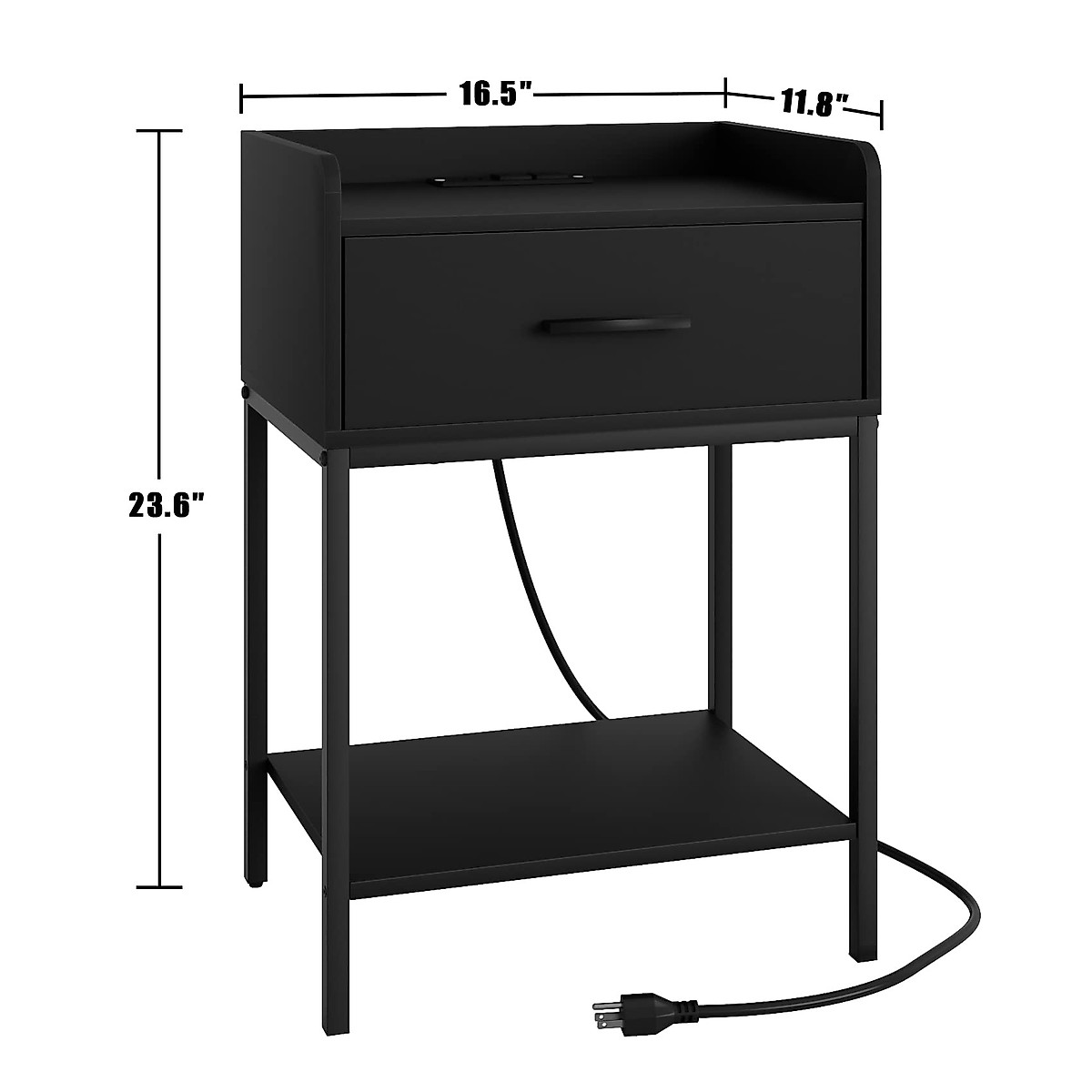 Masupu Nightstand with Charging Station,3-Tier Modern Bedside Night Stand with Storage Drawer and Shelf,Small End Side Table for Bedroom,Living Room,Black