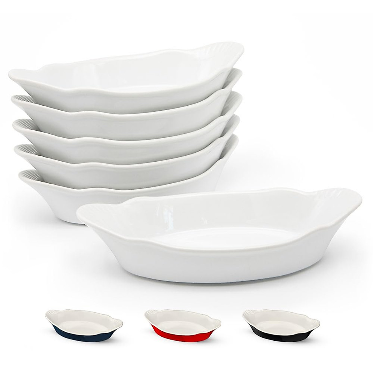 Au Gratin Baking Dishes, Ceramic, Kook, for Casseroles, Lasagna & Cobblers, Individual Serving, Set of 6, Oven, Microwave & Dishwasher Safe Bakeware, oz, White