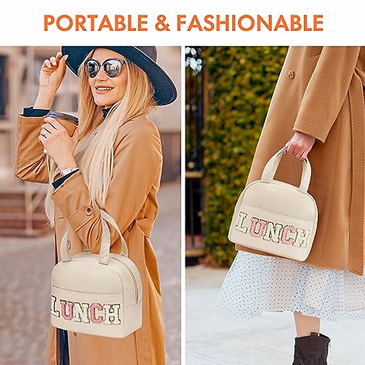 DIRGEE Lunch Bag for Women Insulated Lunch Bag For Men PU leather Small Lunch Bag for Office Work lunch Bag with Chenille Letters Leakproof Freezable Cooler Bag Reusable Portable Lunch Box (White)