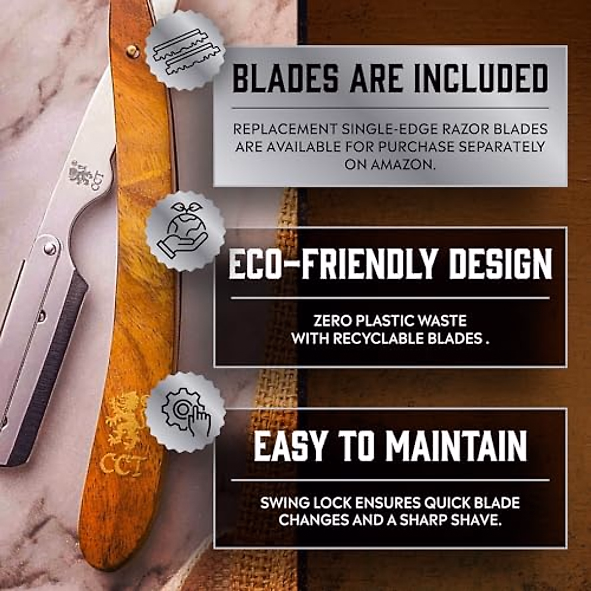 The Cambridge Cutthroat® Cut Throat Razor Kit with Blades & Travel Pouch - Missanda Hardwood & Stainless Steel Professional Barber Shaver Men - Straight Edge Moustache & Beard Shaper