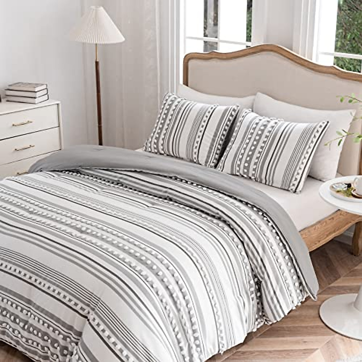 SLEEPBELLA Boho King Size Comforter Set, Grey and White Tufted Ball Pom Striped Design, Fluffy King Bed Comforter for All Seasons, Farmhouse Bedding 3pcs （1 Comforter with 2 Pillowcases）