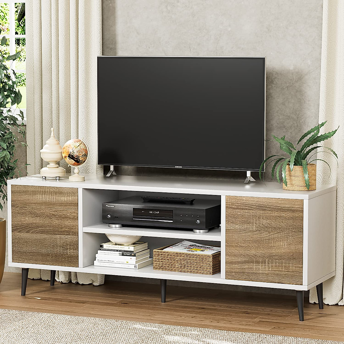 YESHOMY Modern Retro TV Stand for Television up to 65", Entertainment Center with Two Storage Cabinet and Shelf, Media Console for Living Room, Bedroom, Enterway, Office, 58 Inch, White and Oak