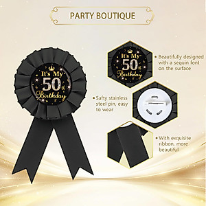 It's My 50th Birthday Tinplate Badge Pin, Gold Diamond Happy 50th Birthday Button Pin, Ffity Birthday Black Rosette Award Ribbon Pin for Women, Brooch Buttons for 50 Years Old Birthday Party Decoration