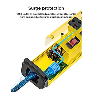 CRST 6-Outlet Heavy Duty Metal Power Strip with Individual Switches and Flat Plug, 15AMP/1875W Surge Protector (1200 Joules), 6-Feet 14AWG Cord with Hook and Loop Fastener