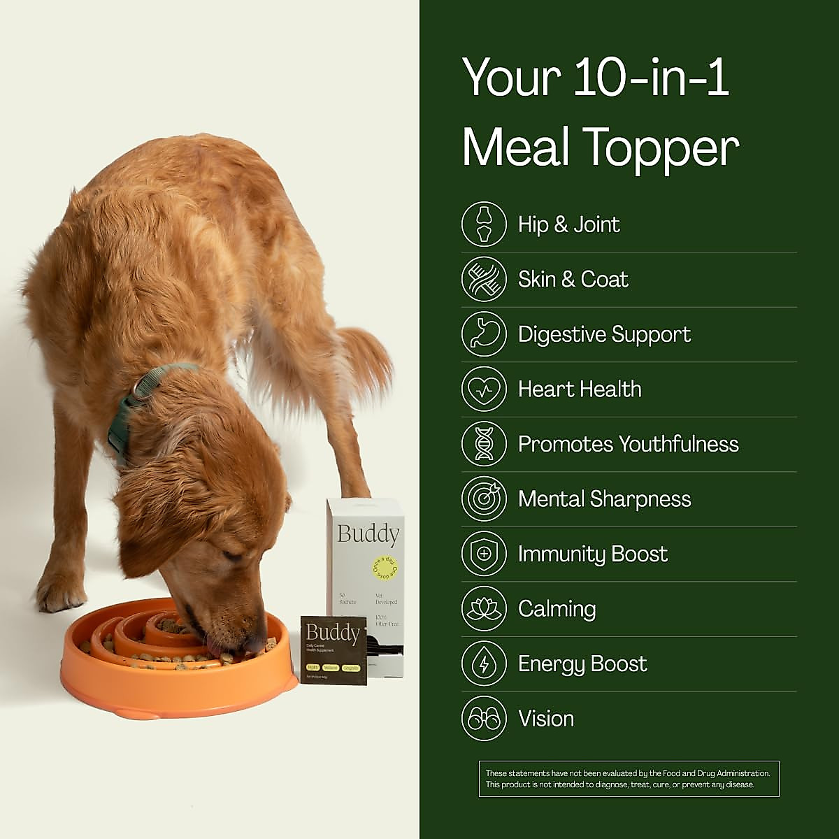 Buddy 10-in-1 Daily Dog Multivitamin Supplement (Meal Topper) - 23 Active Ingredients w/No Filler - 10 Essential Benefits - Hip & Joint, Skin & Coat, Digestion