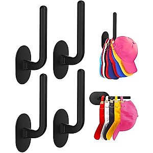 Eiito Hat Hooks for Caps Storage-4Pack,Multi-Purpose Hat Organizer,Strong Adhesive Hat Racks for Wall, Two Mounting Options RV Organization and Storage Cap Hanger(Black)
