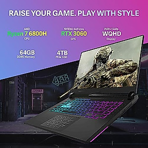 ASUS ROG Strix G15 15.6” WQHD Gaming Laptop, AMD Ryzen7 6800H, NVIDIA GeForce RTX 3060, 64GB DDR5 RAM, 4TB SSD, RGB KB, Wi-Fi 6E, Thermal Grizzly Cooling, VR-Ready, Gray, Win 11 Pro, 32GB USB Card