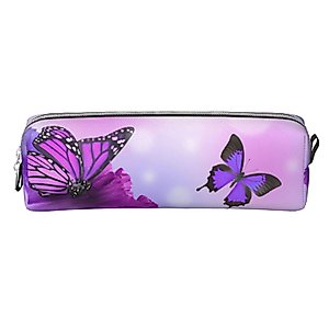 Ykklima Leather Pencil Case - Butterfly on Purple Flowers Pattern, Stationery Bag Pen Organizer Makeup Cosmetic Holder Pouch for School Work Office College