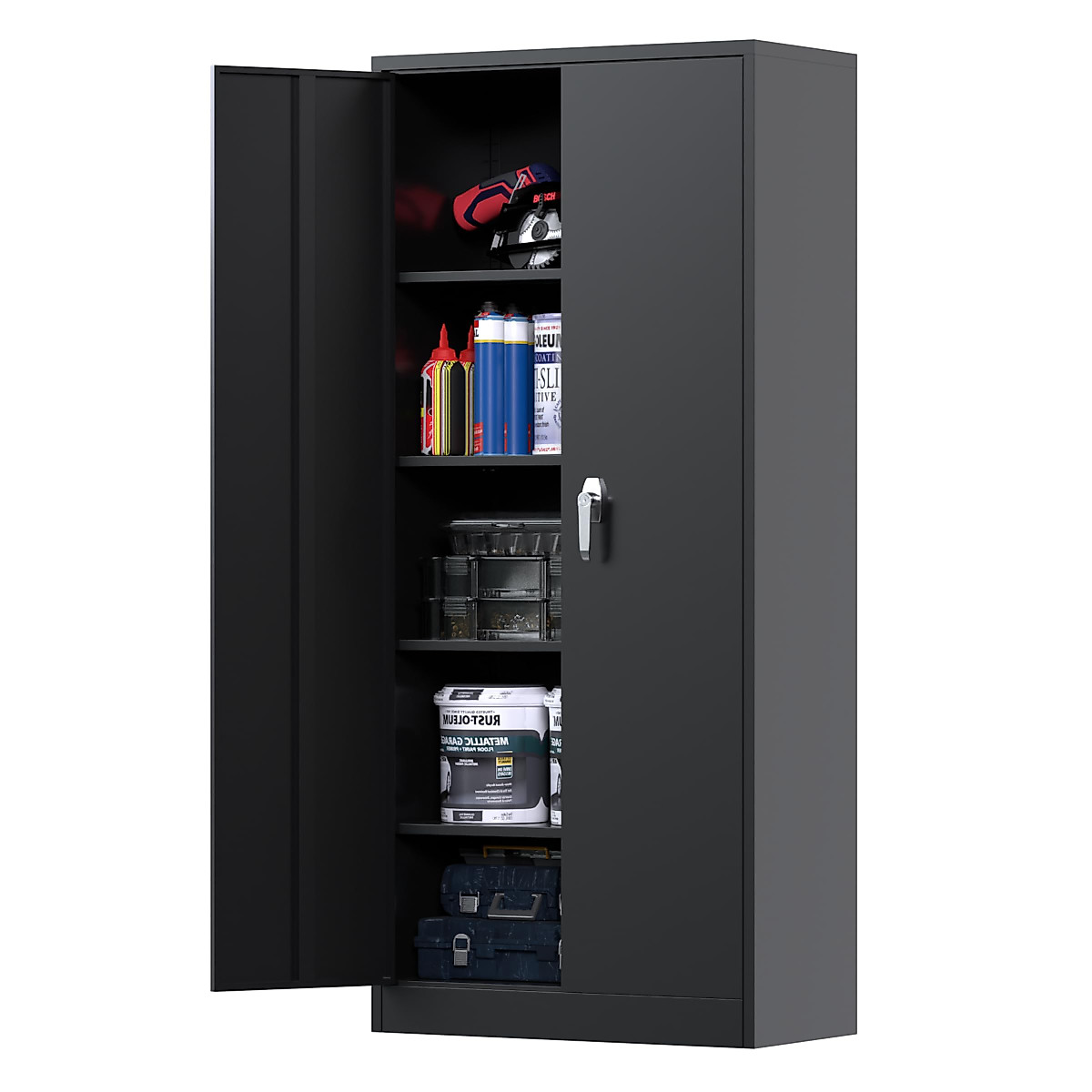 Aobabo Metal Garage Storage Cabinet,71" Lockable Metal Storage Cabinet with 2 Doors and 4 Adjustable Shelves,Black Steel Cabinet for Garage Office School Home Storage,Assembly Required