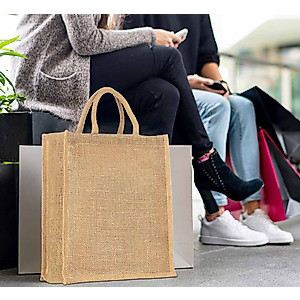 BANNER BUZZ MAKE IT VISIBLE BannerBuzz Jute Tote Bag Made of 100% Biodegradable Jute Material (16" W X 13" H X 6" B, Natural Brown Color)