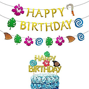 JeVenis Glittery Moana Birthday Banner Moana Cake Topper Moana Birthday Party Decoration Hawaiian Birthday for Tropical Luau Summer Party