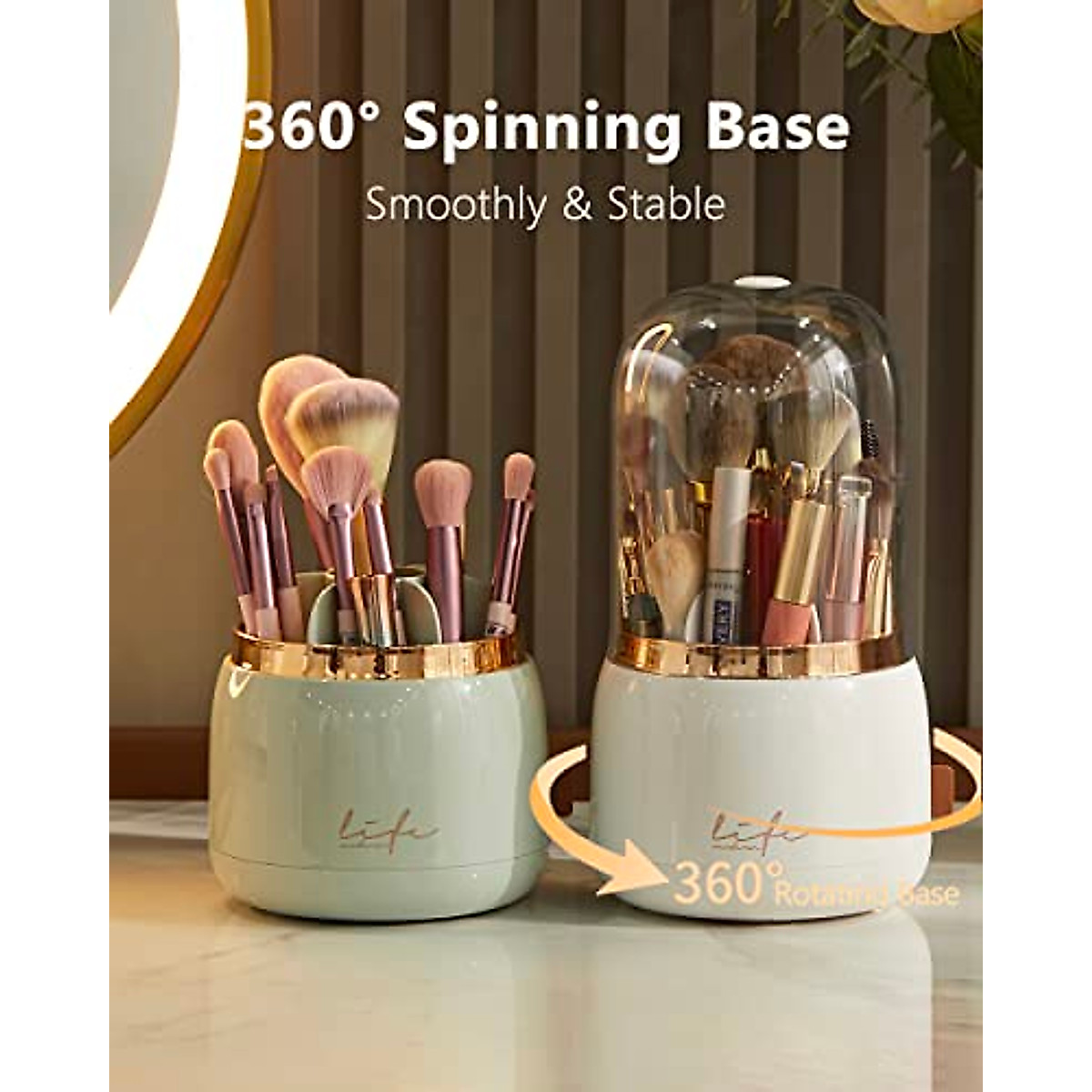 Lebenrich Rotating Makeup Brush Holder Organizer with Lid, Spinning Brush Holder Makeup Organizer with Clear Cover, Acrylic Cosmetics Make Up Brushes Storage Cup Container for Vanity (Light Green)