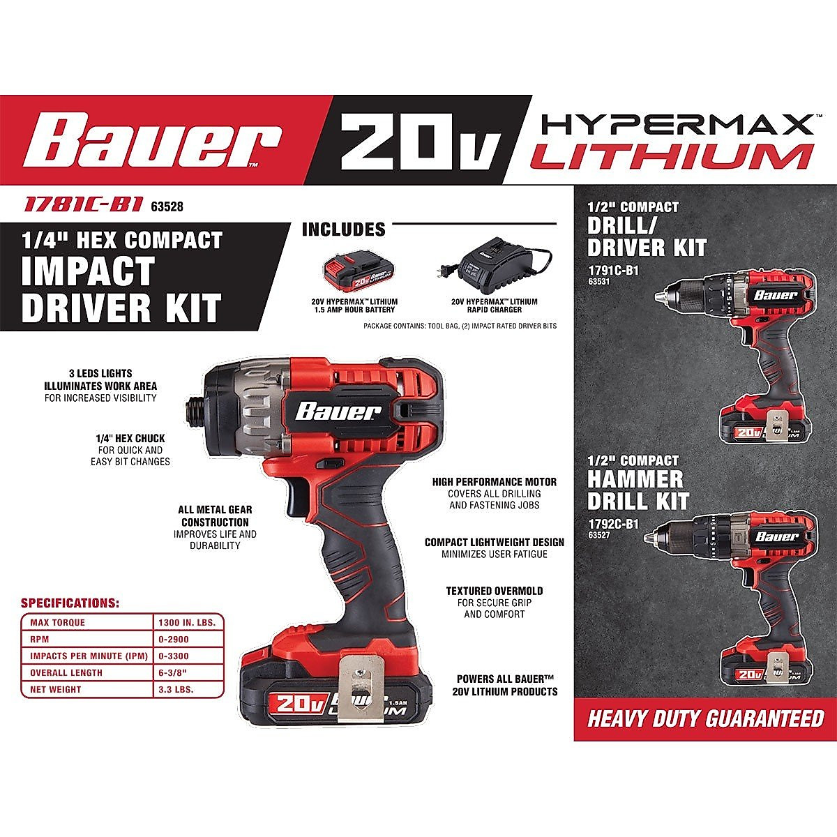 Bauer 20V Hypermax Lithium 1/4 in. Hex Compact Impact Driver Kit