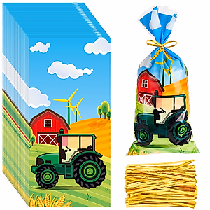 Gueevin 100 Pcs Tractor Gift Bags Cellophane Tractor Party Favors Tractor Birthday Party Supplies Farm Tractor Theme Treat Goodie Candy Bags Kids Party Decorations with Twist Ties for Baby Shower