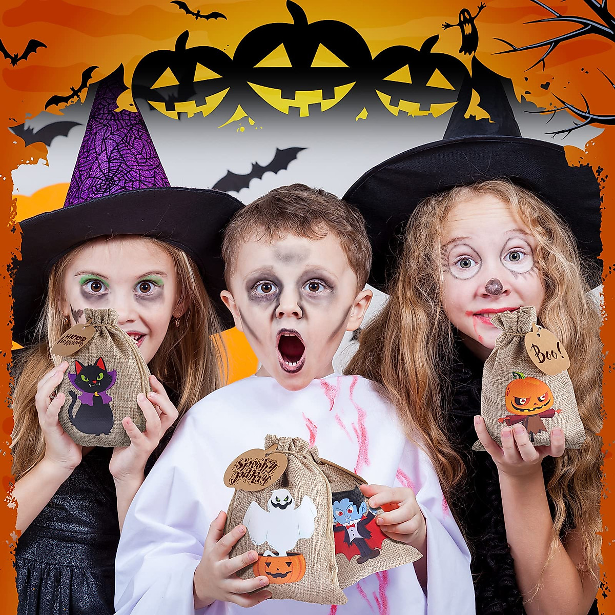 24 Pcs Halloween Burlap Treat Bags with Pumpkin Cards and Drawstring 7 x 5 Inch Halloween Linen Jute Bag Trick or Treat Burlap Candy Bag Halloween Candy Pouches for Halloween Party Favor (Funny Style)