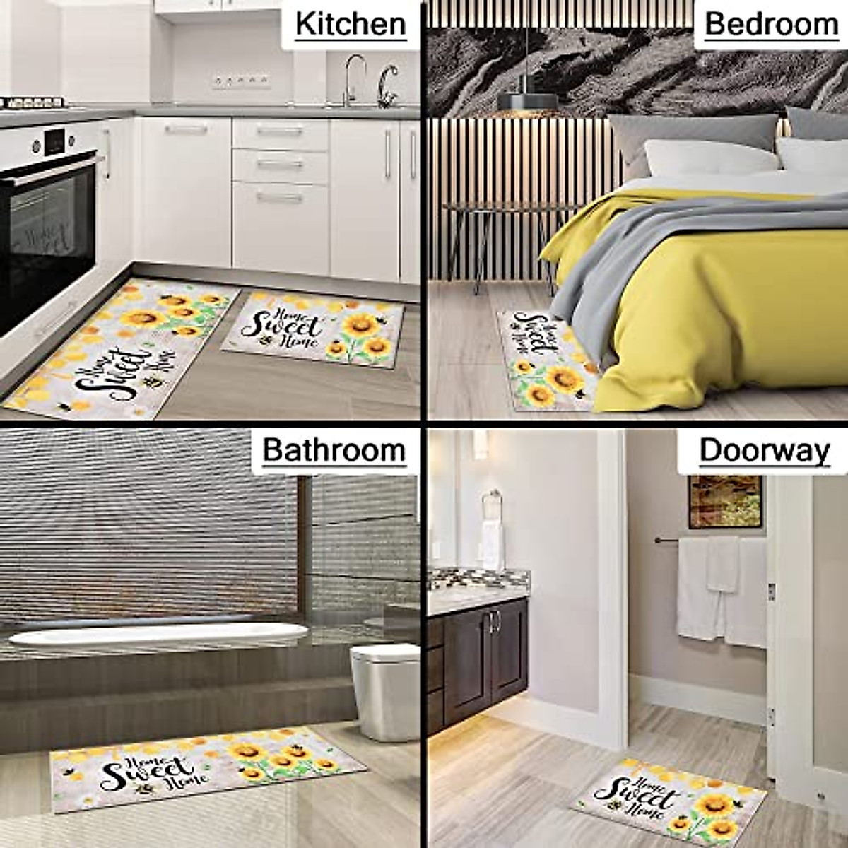 Sunflower Kitchen Rugs - 2 Piece Kitchen Mats Set Non-Slip Kitchen Backing Area Rugs Home Sweet Home Doormat Indoor Outdoor Entry Floor Washable Waterproof Standing Mat(17" x 30" + 17" x 47")