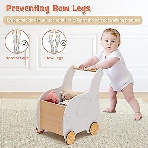 GLACER 2-in-1 Baby Learning Walker, Wooden Toy Stroller w/Rubber Ring Wheels, Kids Elephant-Shaped Shopping Cart, Toddler Push & Pull Wagon Cart for Over 1 Year Old, Gift for Boys & Girls, White